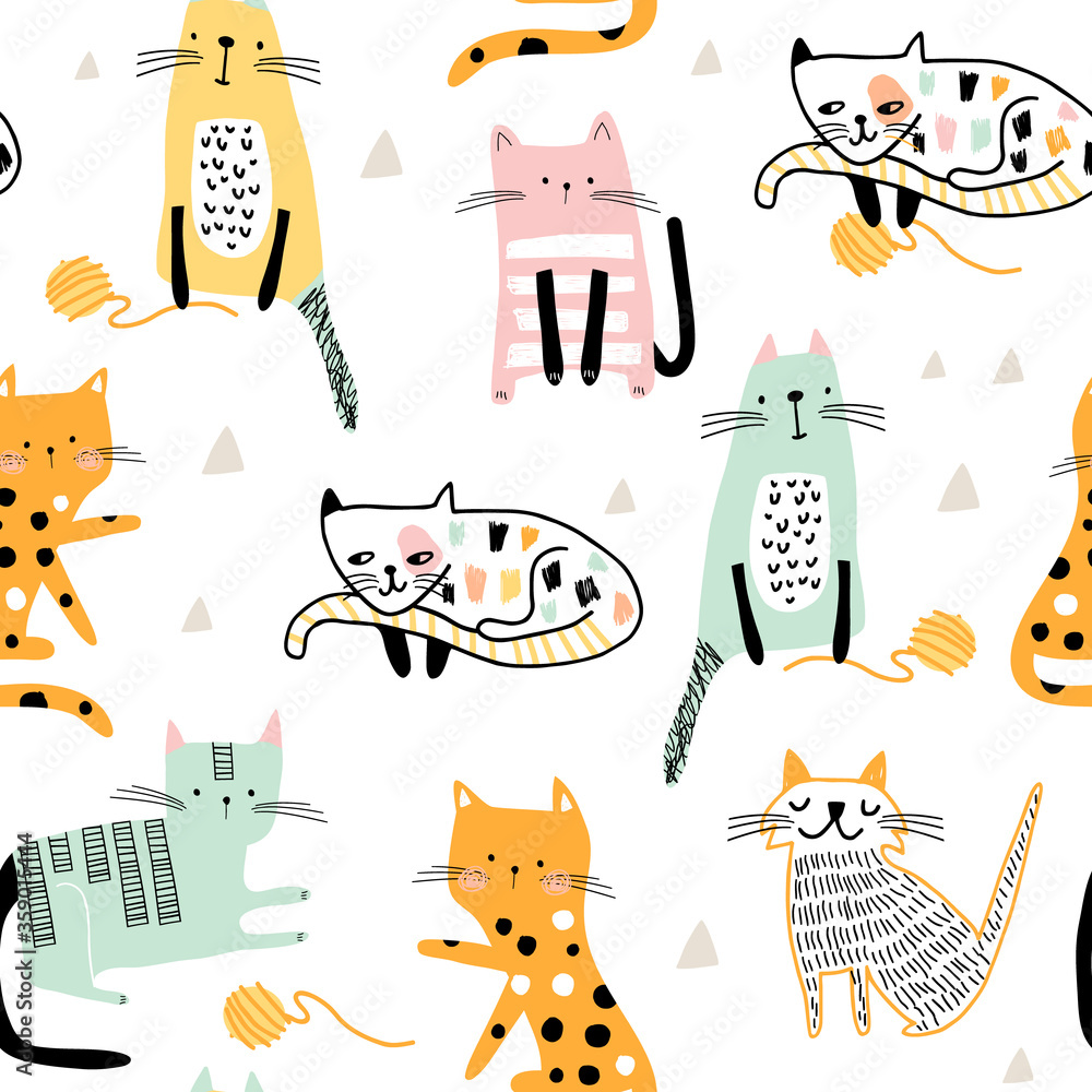 Seamless childish pattern with hand drawn cats. Creative kids hand ...