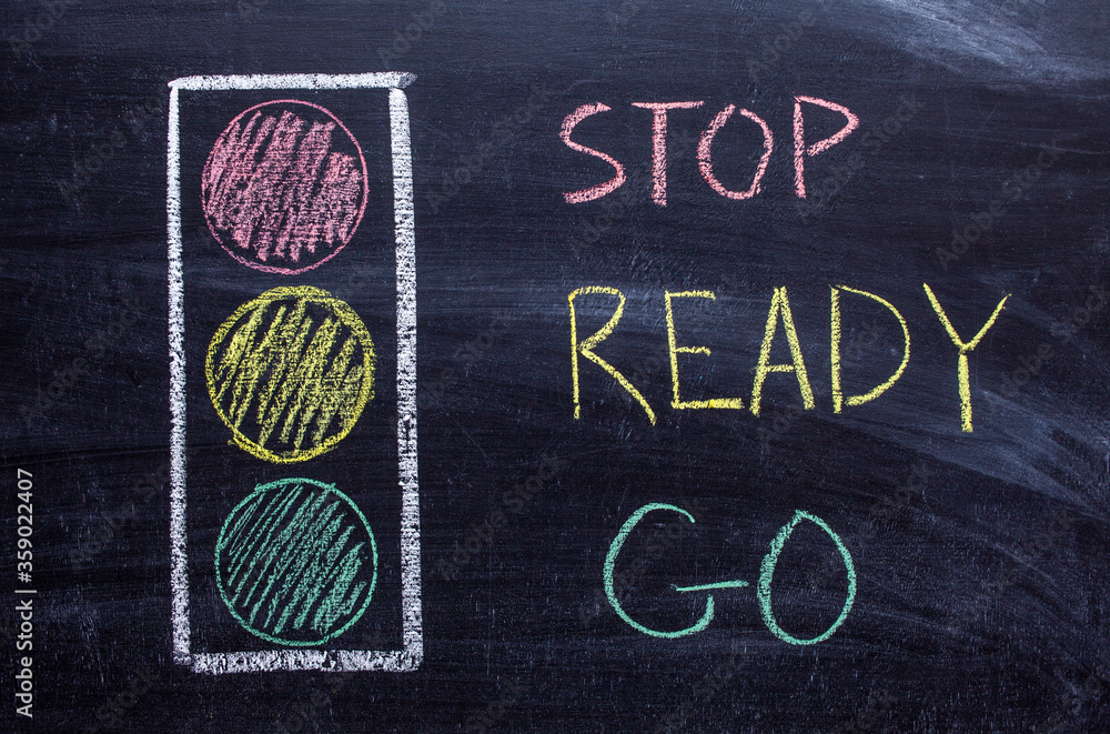 Drawing of a traffic light on a chalk Board. Text STOP, READY, GO Stock ...