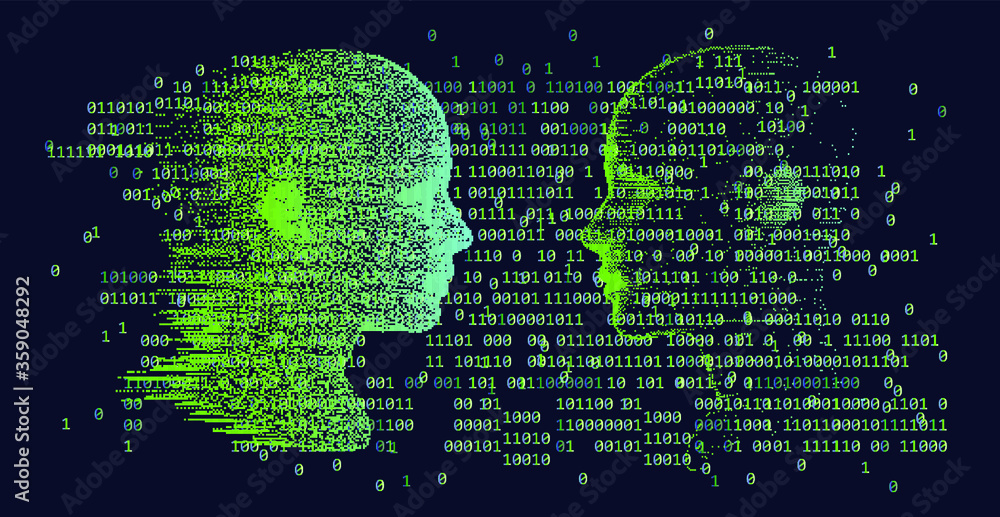 Human head made of particles on binary code background. Cyberpunk style ...