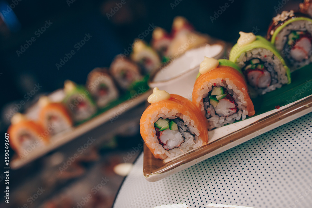 Large set of Sushi Rolls Warm Ebi Sake Unagi Spring. Assortment ...