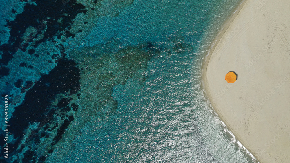 Aerial drone photo of famous big sand emerald sea beach or Megali Amos ...
