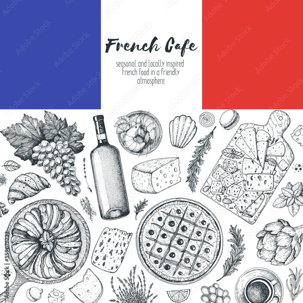 French food top view, Hand drawn. Classic French dishes. Food menu ...