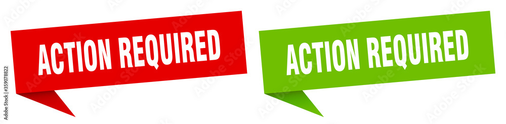action required banner. action required speech bubble label set. action ...
