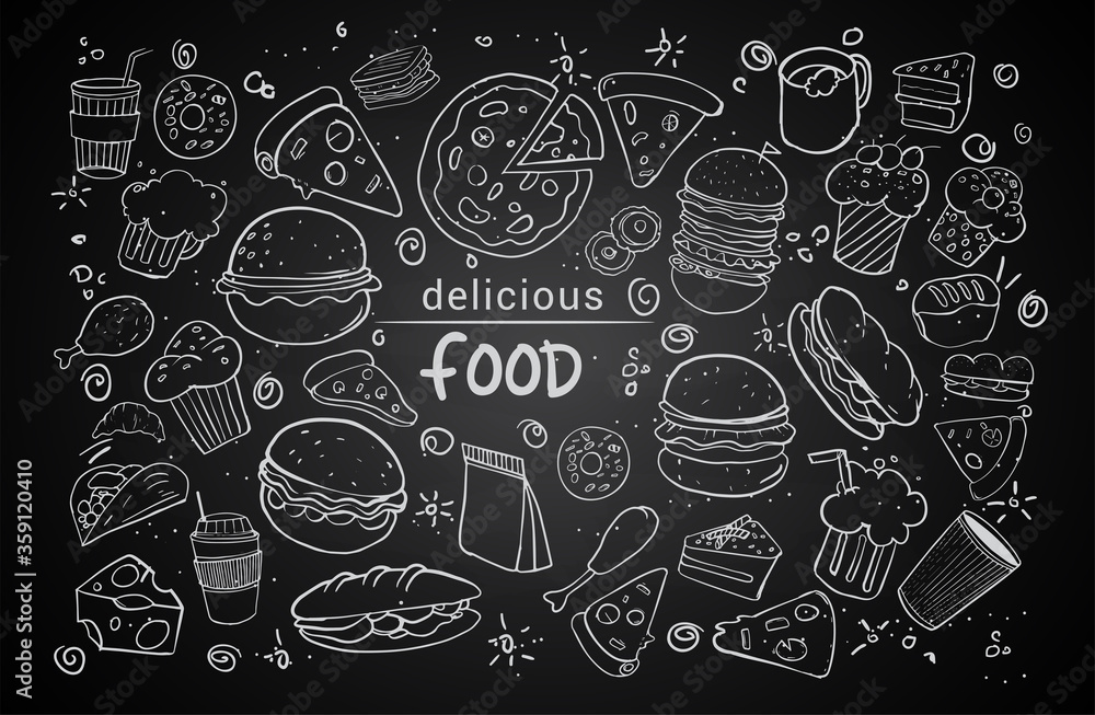 Set of hand drawn food isolated on black background, doodle set of fast ...