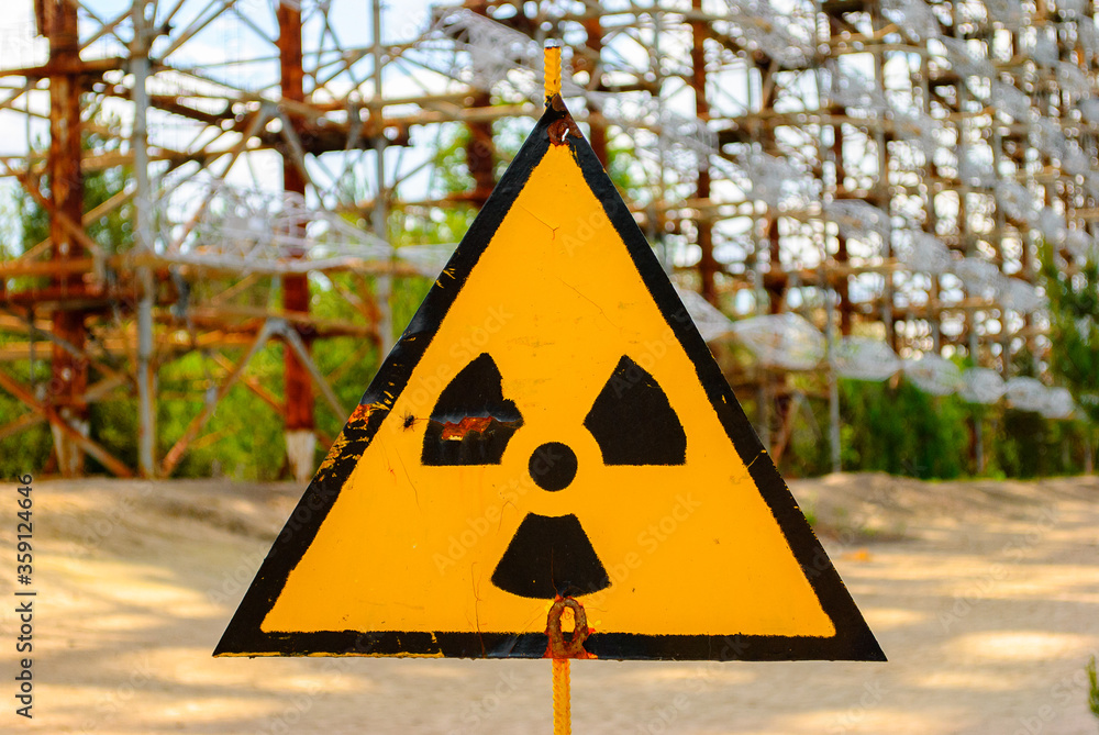 Radiation warning sign in front of Duga, a Soviet over-the-horizon (OTH ...