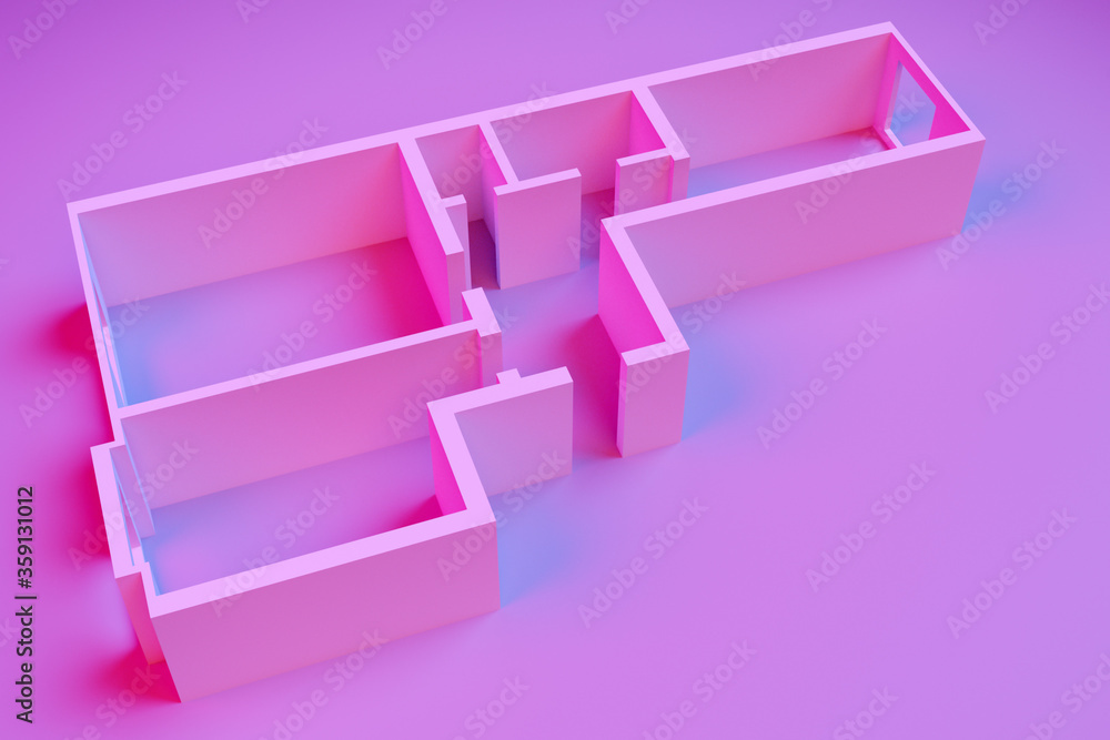 3d interior rendering of an empty paper model of an apartment house ...