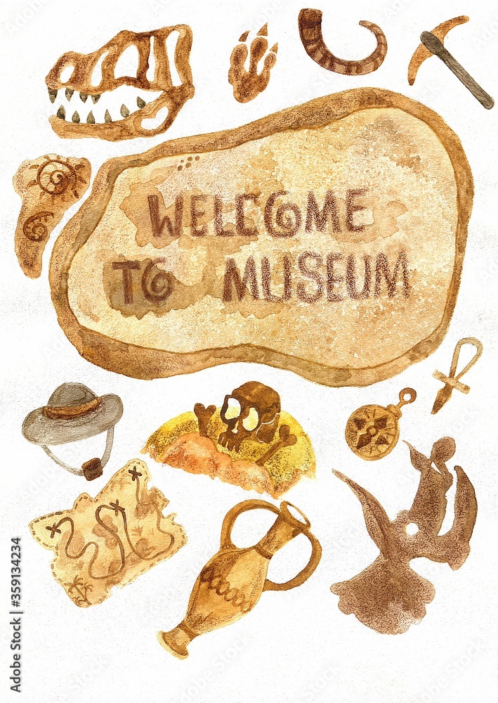 watercolor set of Museum exhibits with the inscription "welcome to ...