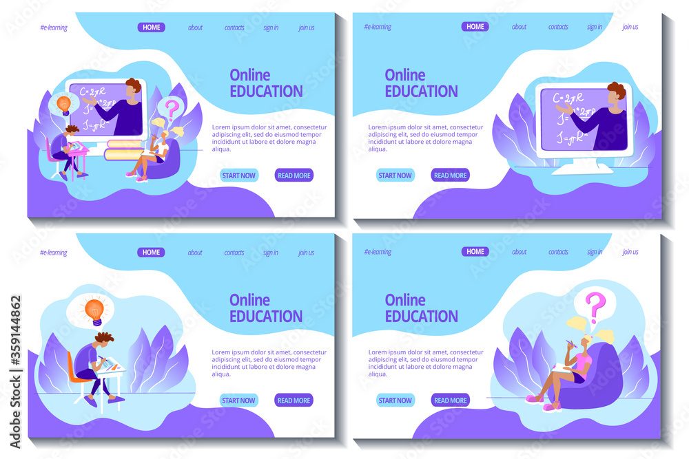 Web page template set for online education and e-learning. Teacher and ...