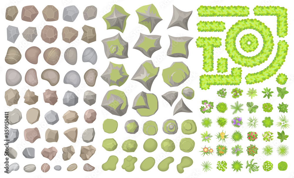 Set of park elements. (Top view) Stones, bushes, fences, trees, plants ...