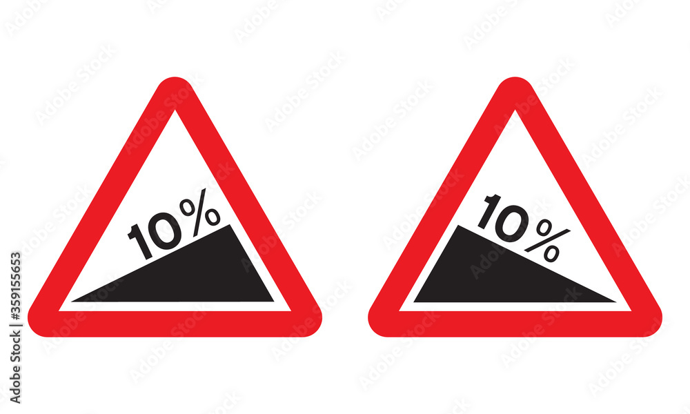Steep Ascent and Steep Descent warning road sign set. Vector ...
