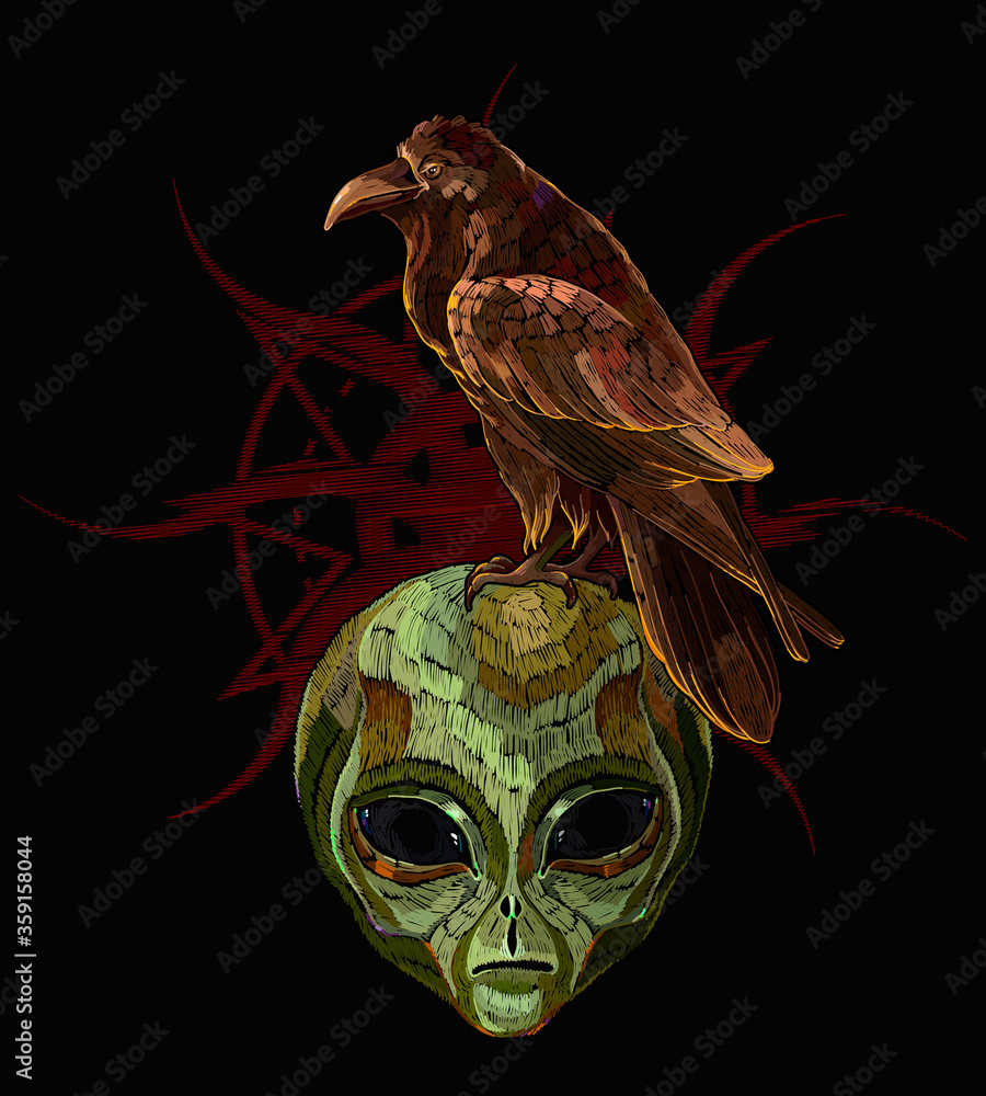 Alchemy. Gothic black raven and alien head. UFO art. Embroidery style ...