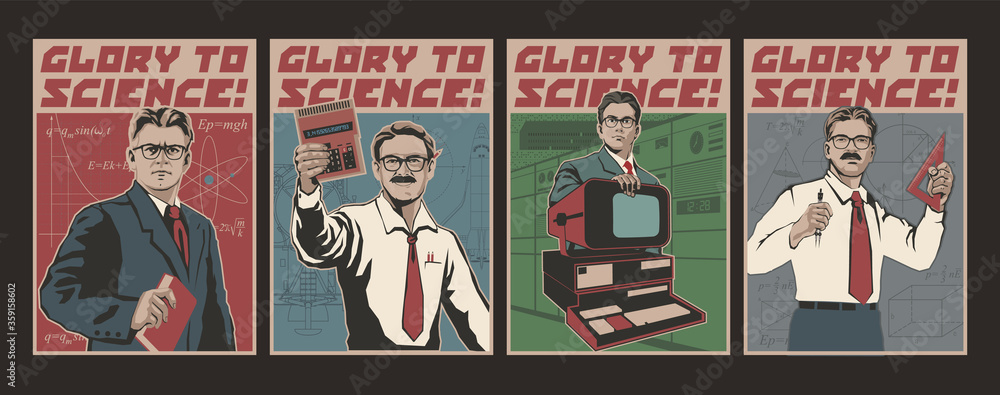 Glory to Science, Retro Science Propaganda Placards Stylization, Maths ...