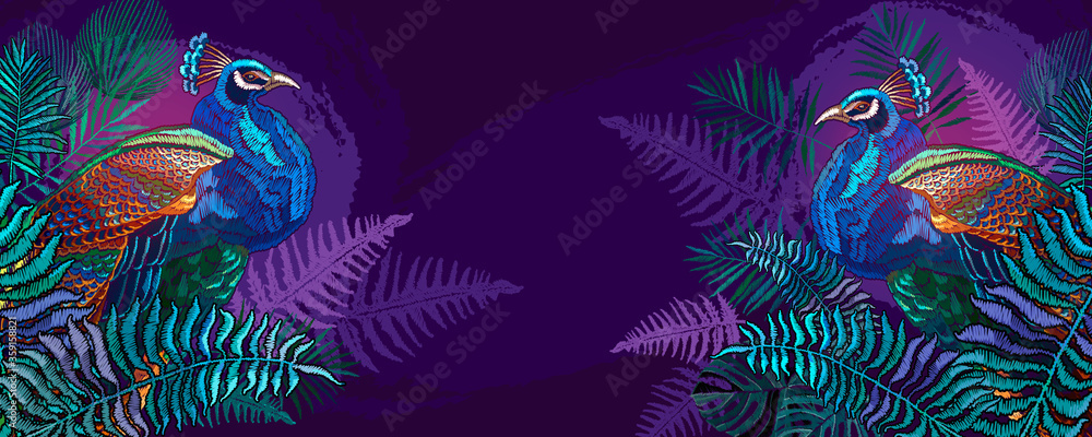 Peacocks and palm leaves banner. Embroidery art. Fashion spring ...