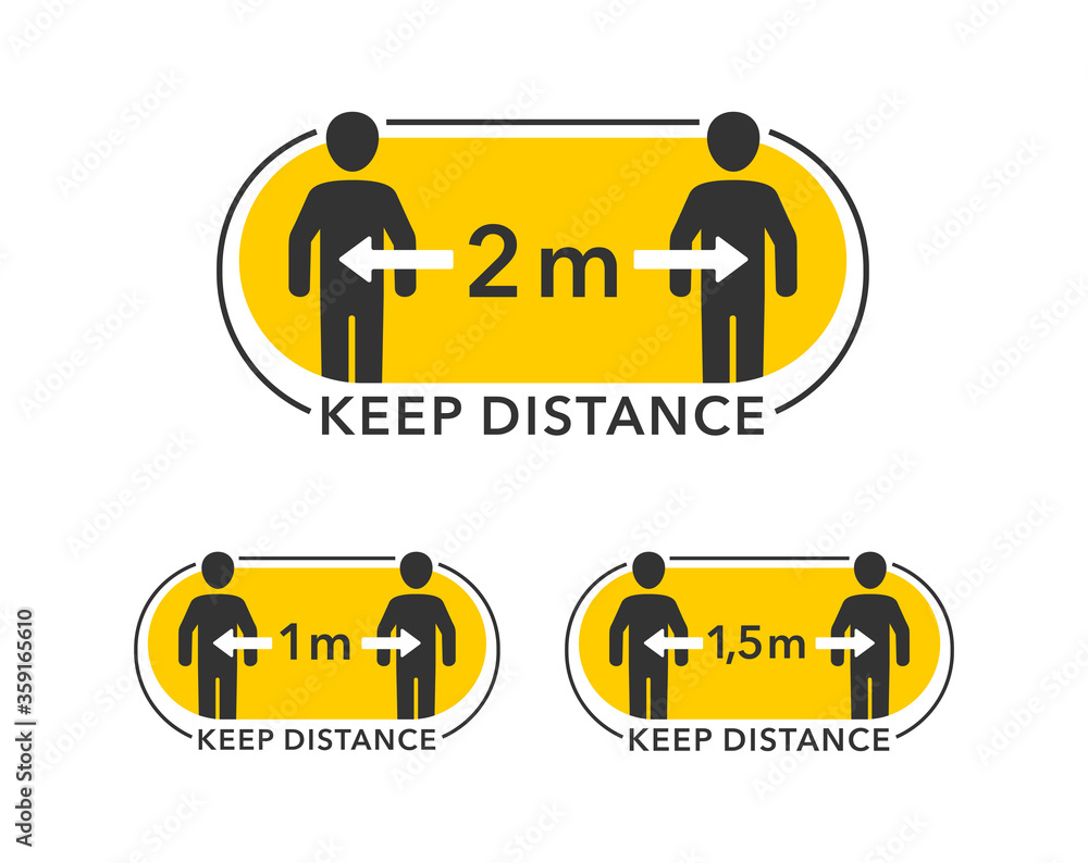 Keep distance sign - social distancing (2 m, 1,5 m, 1 m) - two people ...