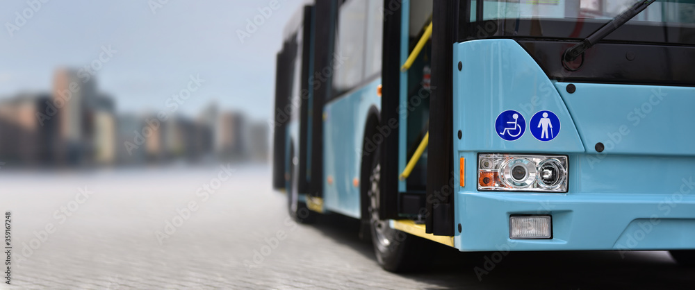 City bus on background city skyline Stock Photo | Adobe Stock