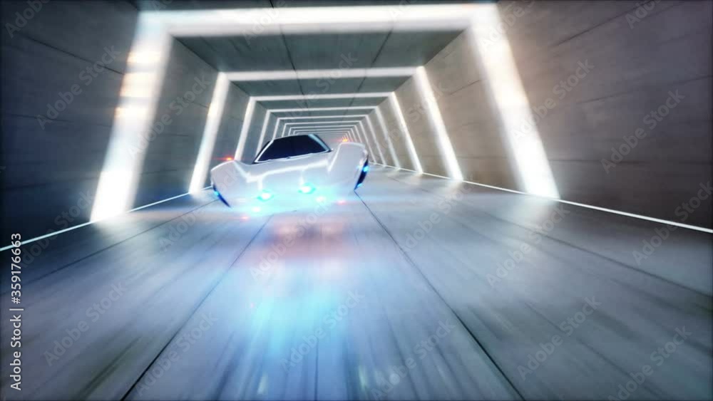 futuristic flying car fast driving in sci fi tunnel, coridor. Concept ...