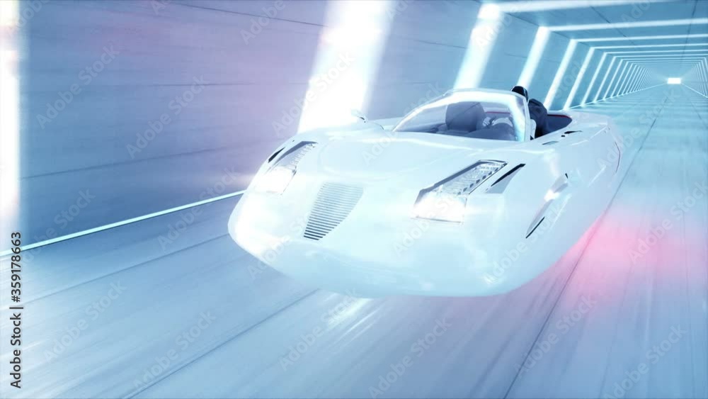 futuristic flying car with woman fast driving in sci fi tunnel, coridor ...