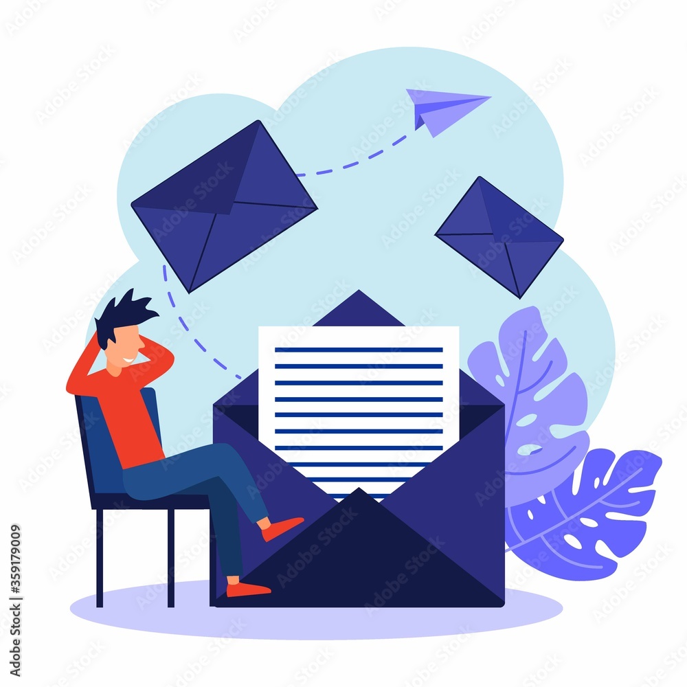 Vector illustration, young man sitting casually next to an envelope ...