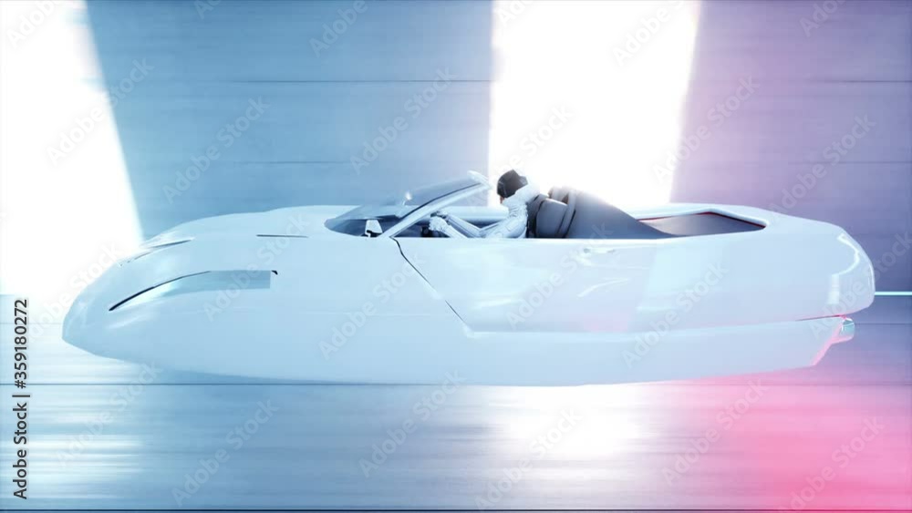 futuristic flying car with woman fast driving in sci fi tunnel, coridor ...