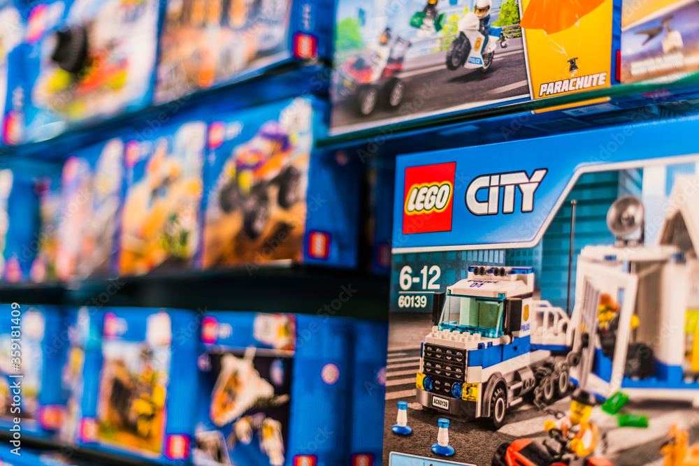 Sets of Lego construction toys displayed on store shelves Stock Photo ...