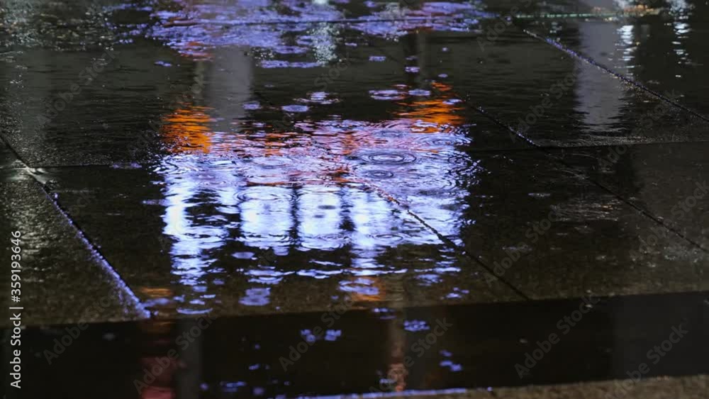 Rain drops at night, abstract reflection in water, city lights on wet ...
