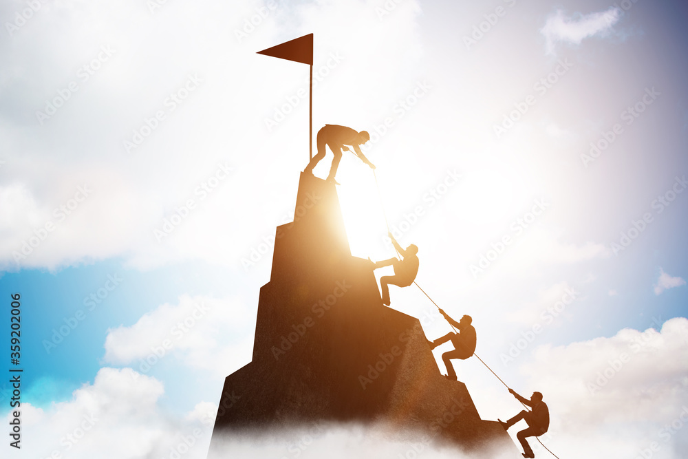 Poster Concept of teamwork with team climbing mountain top – Wall Art ...