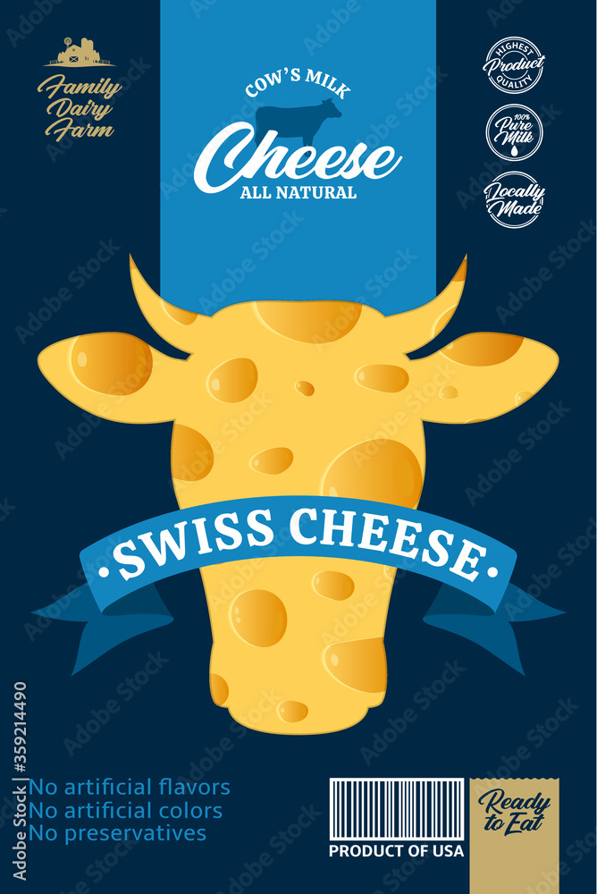 Vector cheese packaging with cow and realistic cheese texture Stock ...