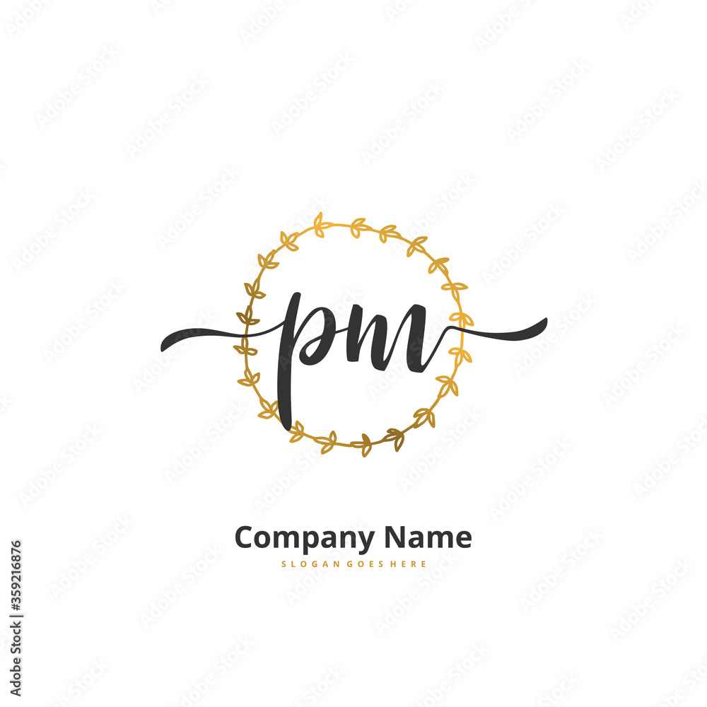 P M PM Initial handwriting and signature logo design with circle ...