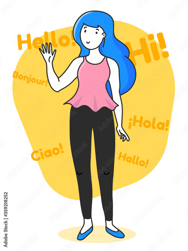 Young woman standing, waving and saying hello. Bright colourful ...