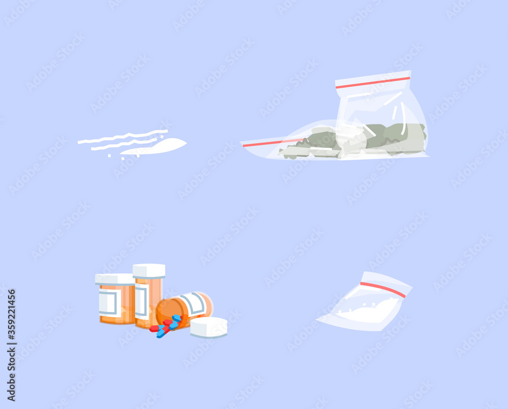 Illegal drugs semi flat RGB color vector illustrations set. Cocaine ...