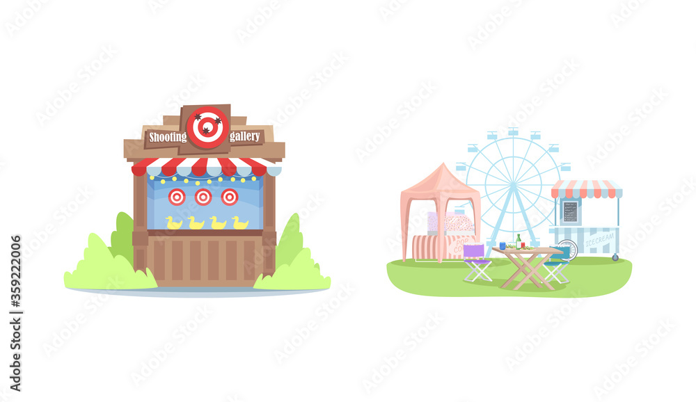 Amusement park stands semi flat RGB color vector illustrations set ...