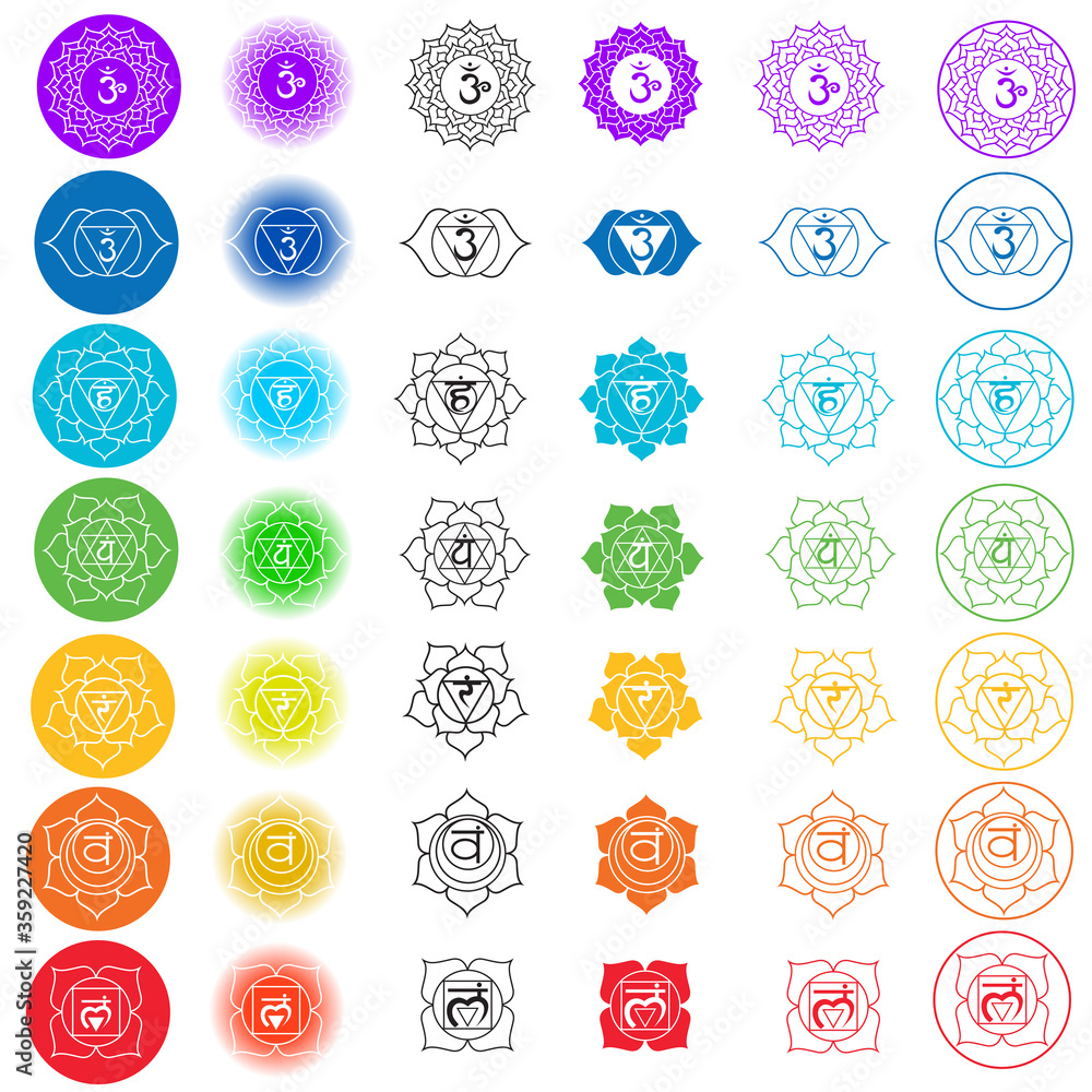 Vector symbol set of chakras. Solid character illustration of Hinduism ...
