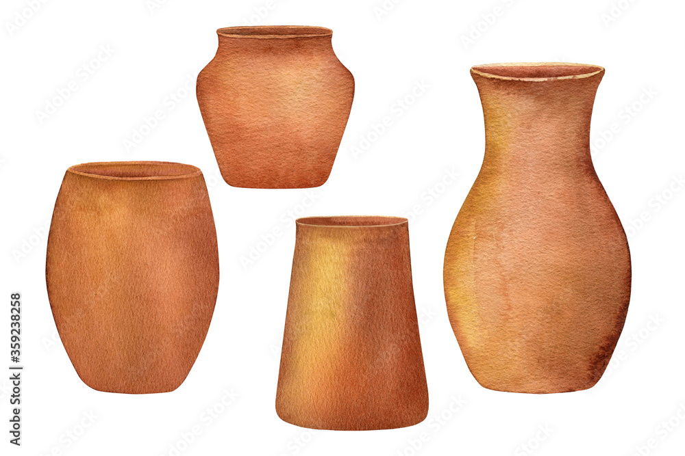 Watercolor hand painted set of natural brown clay flower pots. Clipart illustration of ceramic ...