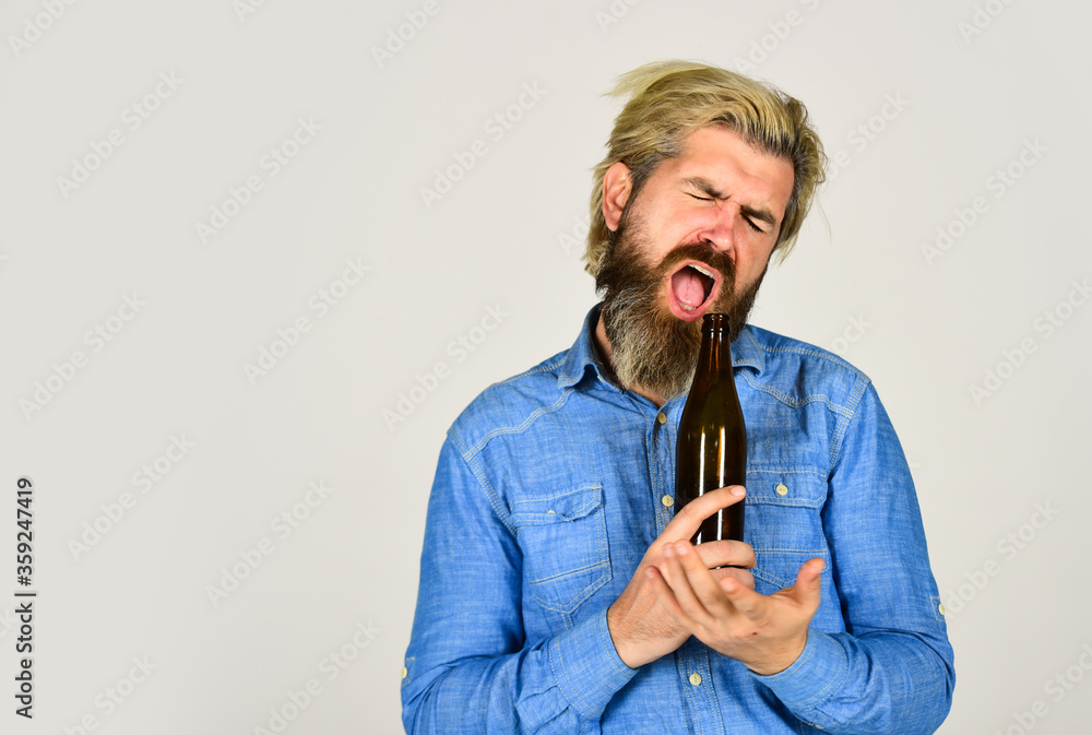 Alcoholism problem. Man with tousled hair looks unhealthy. Hangover ...