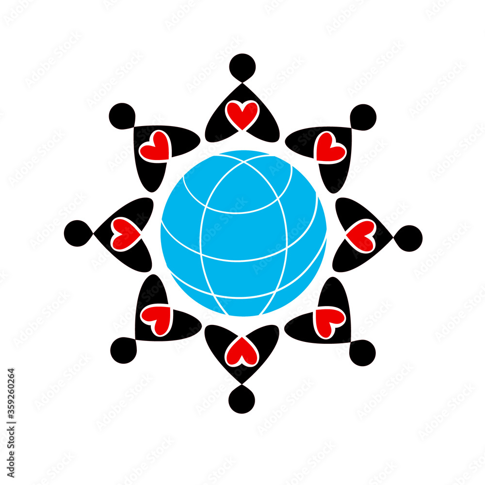 Icon of the globe. Globe in the ring of people with hearts. Symbol of ...