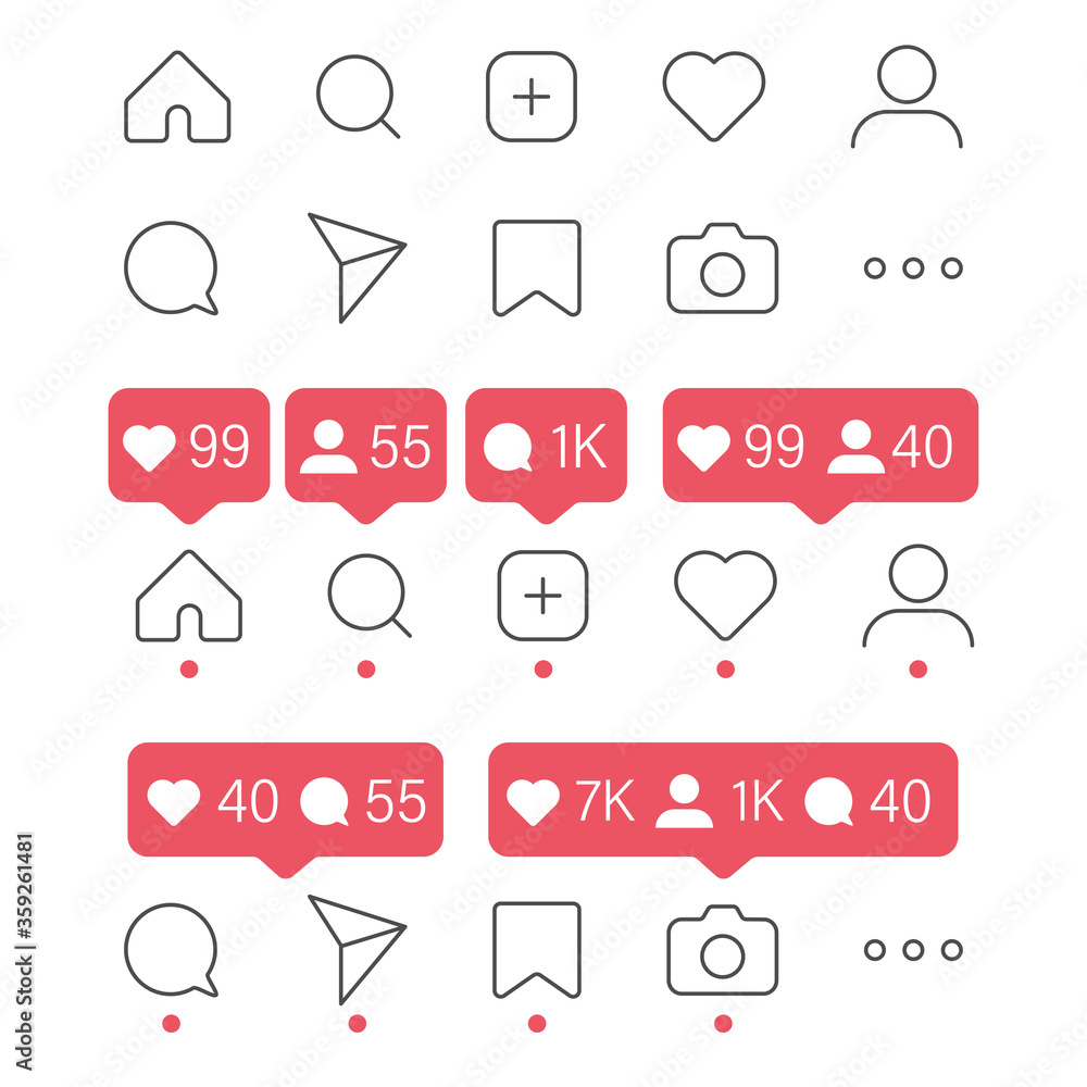 social media icon vector set. instagram style. share like heart message ...