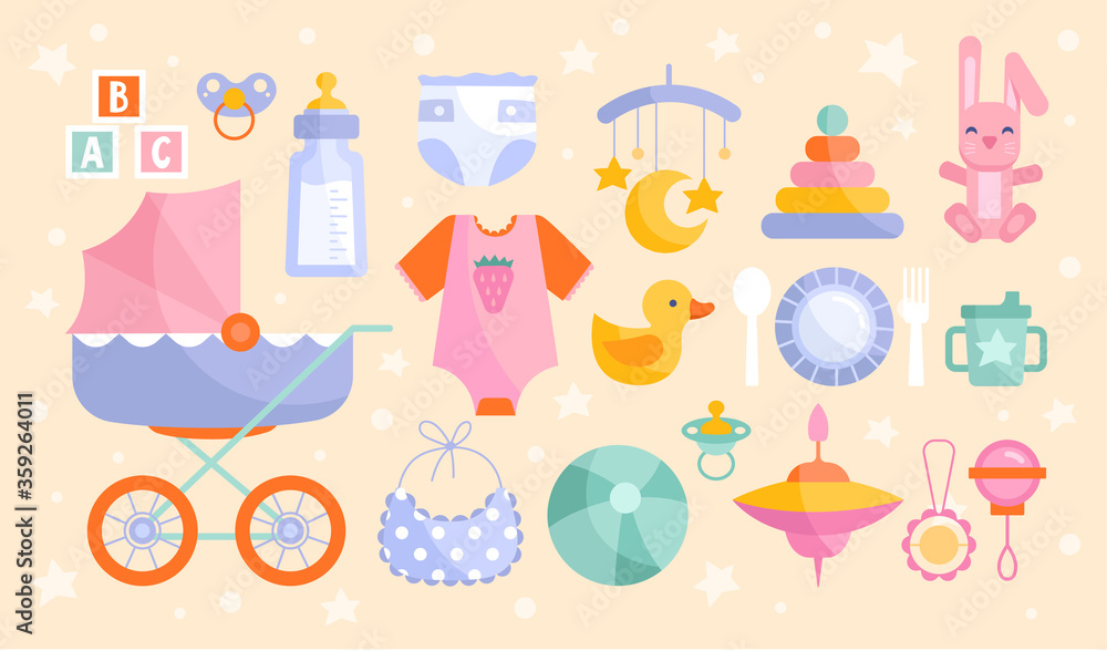 Set of baby goods icons in muted pastel colors with stroller, toys ...