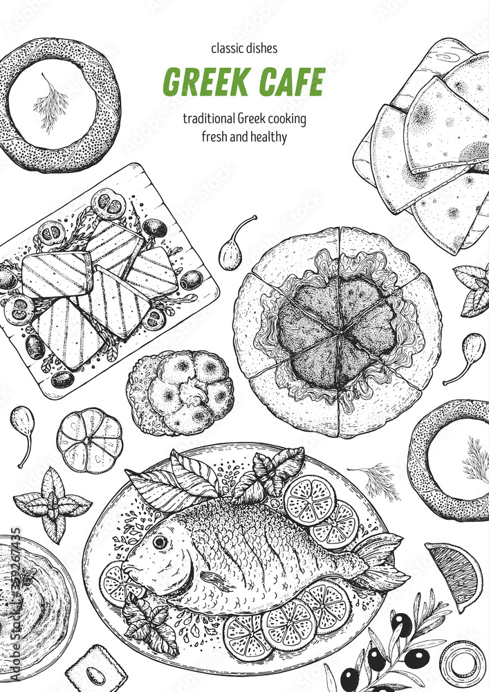 Greek cuisine top view frame. A set of greek dishes with halloumi ...