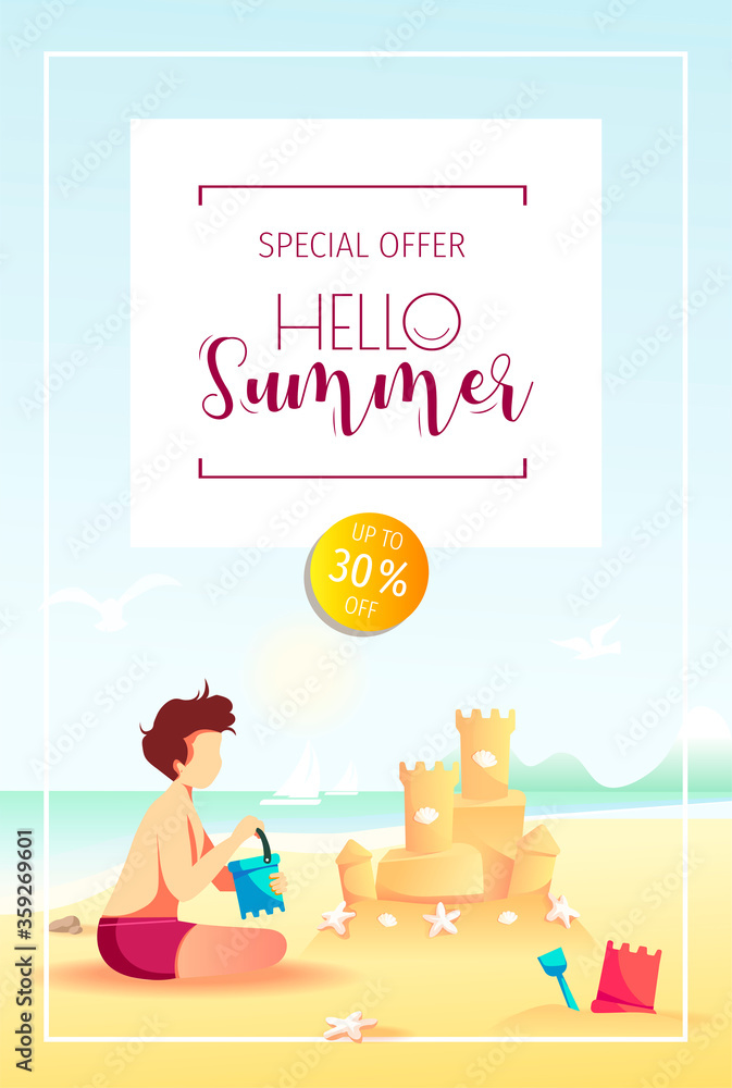 Promo banner or flyer for summer sale with boy sitting on the beach ...