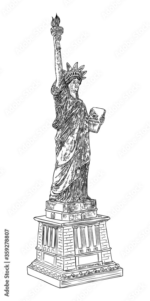 Statue of Liberty hand drawing. USA New York landmark. Independence Day ...