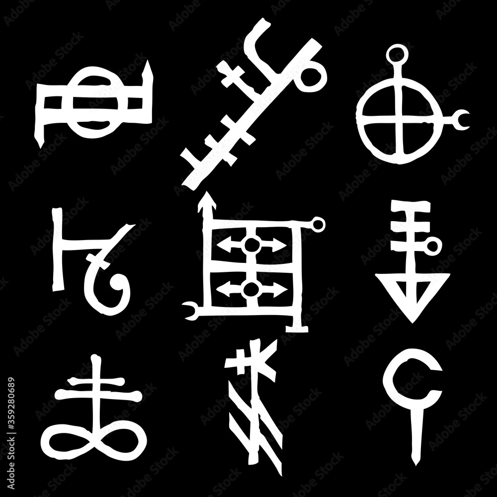 Set of alchemical symbols on the theme of old manuscript with occult ...