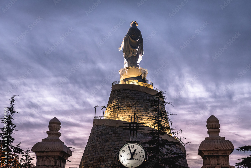 Virgin Mary statue in famous Shrine of Our Lady of Lebanon in Harissa ...