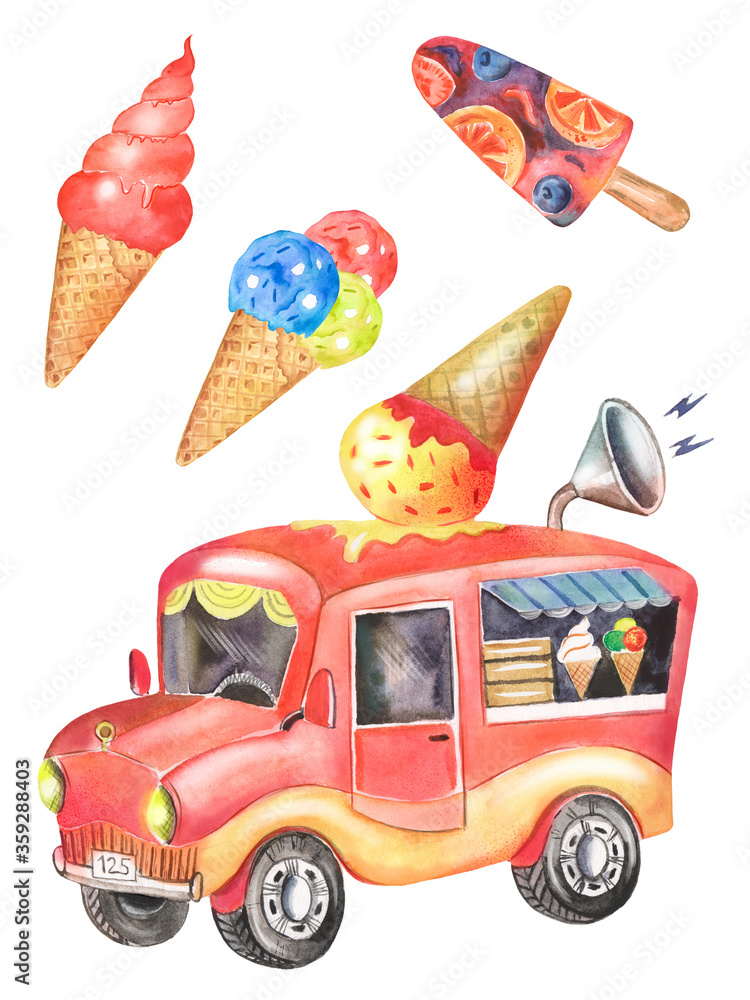 Watercolor illustration of a cartoon ice cream machine, multi-colored ...