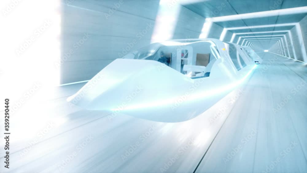 futuristic flying bus with peoples fast driving in sci fi tunnel ...