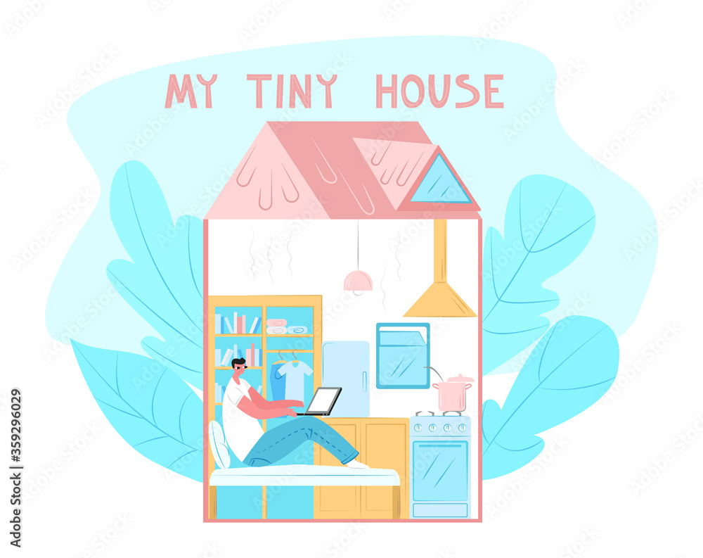 Vector flat illustration of tiny, compact house and its interior with ...