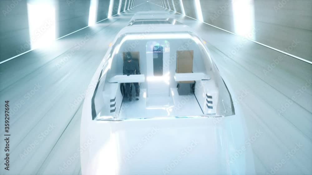 futuristic flying bus with peoples fast driving in sci fi tunnel ...