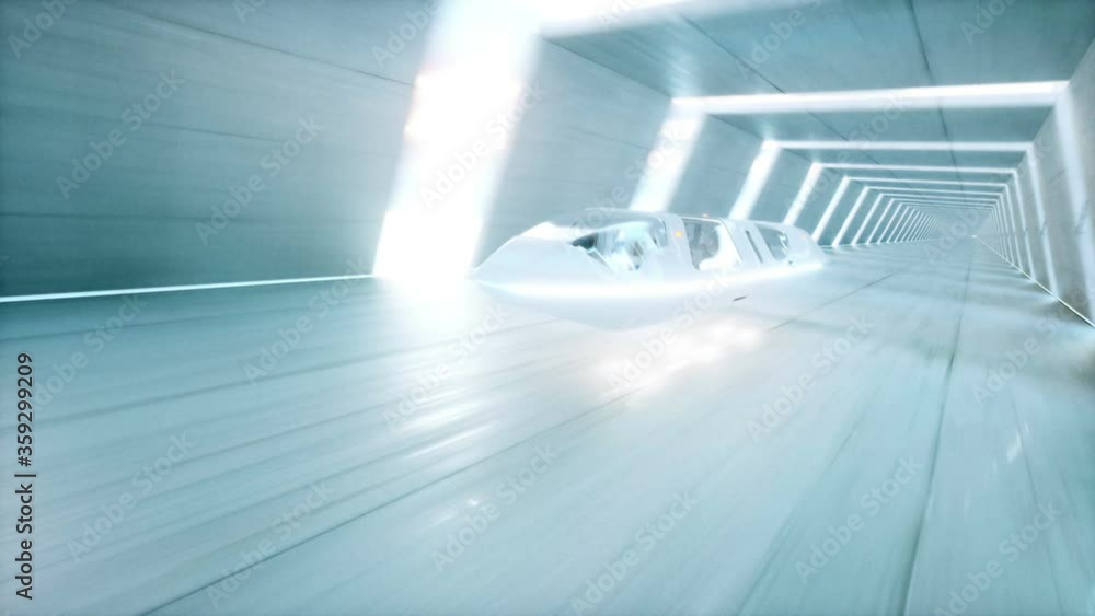 futuristic flying bus with peoples fast driving in sci fi tunnel ...