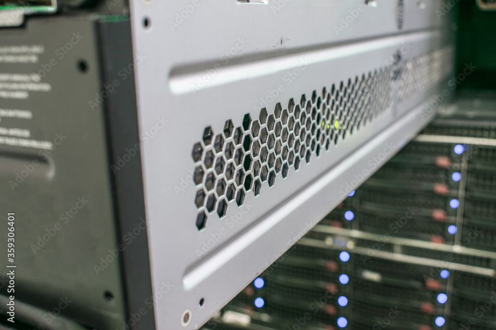 Large battery close-up. Changing the power module in the server room ...