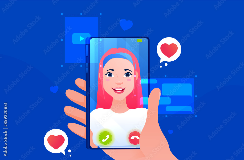 Video call banner. Online talking with girl on mobile phone. Icons with ...