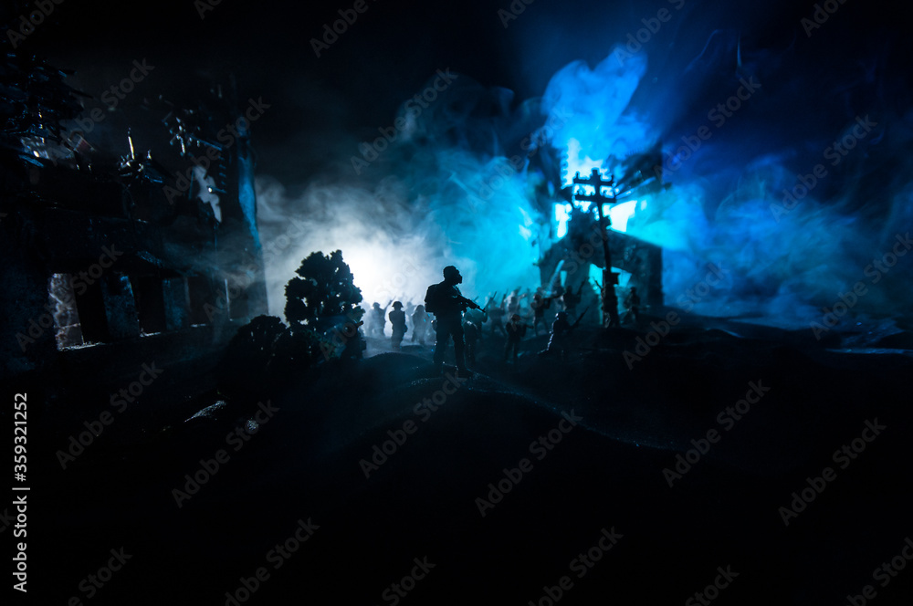 War Concept. Military silhouettes fighting scene on war fog sky ...